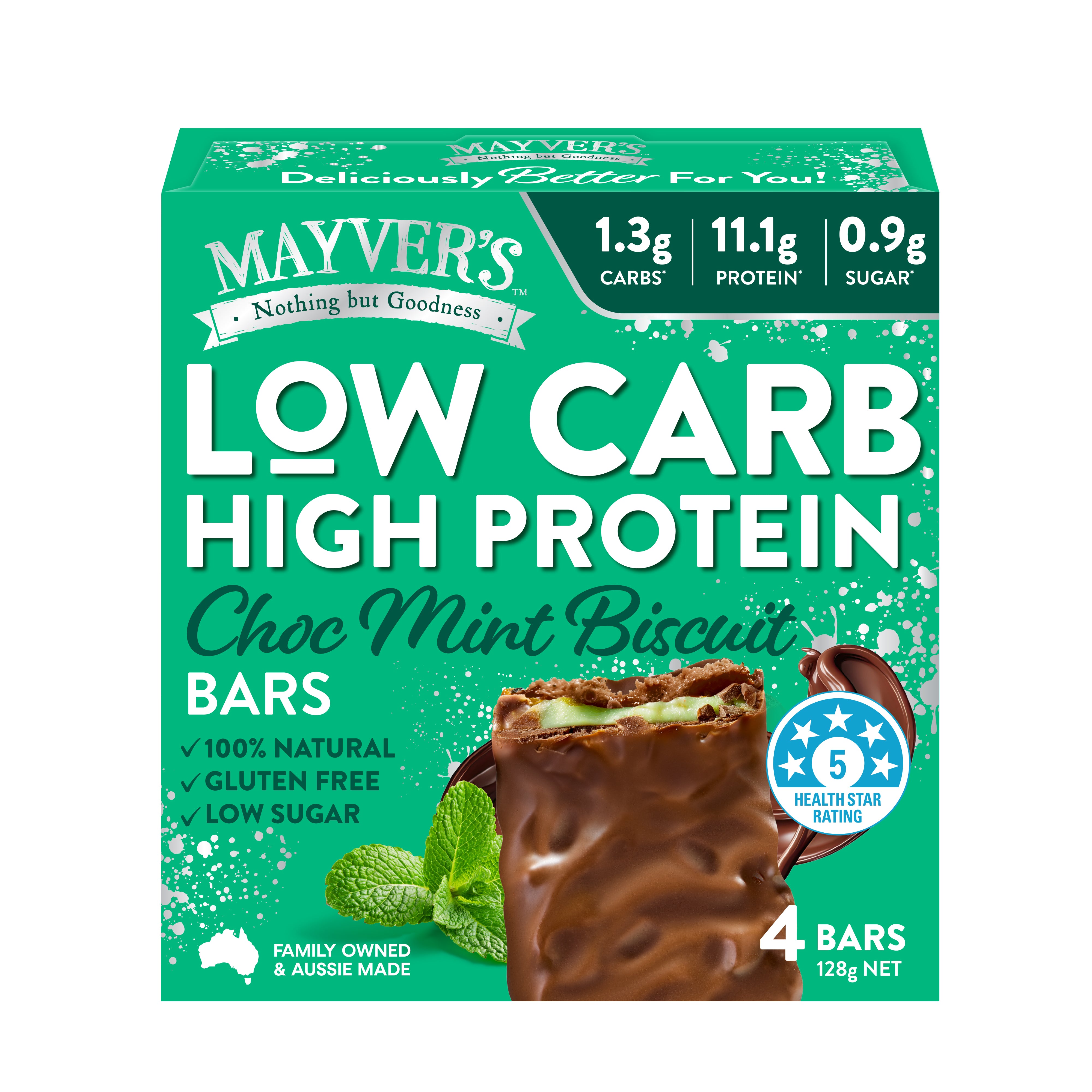 LOW CARB HIGH PROTEIN CHOC MINT BISCUIT BARS 4pk – Mayver's